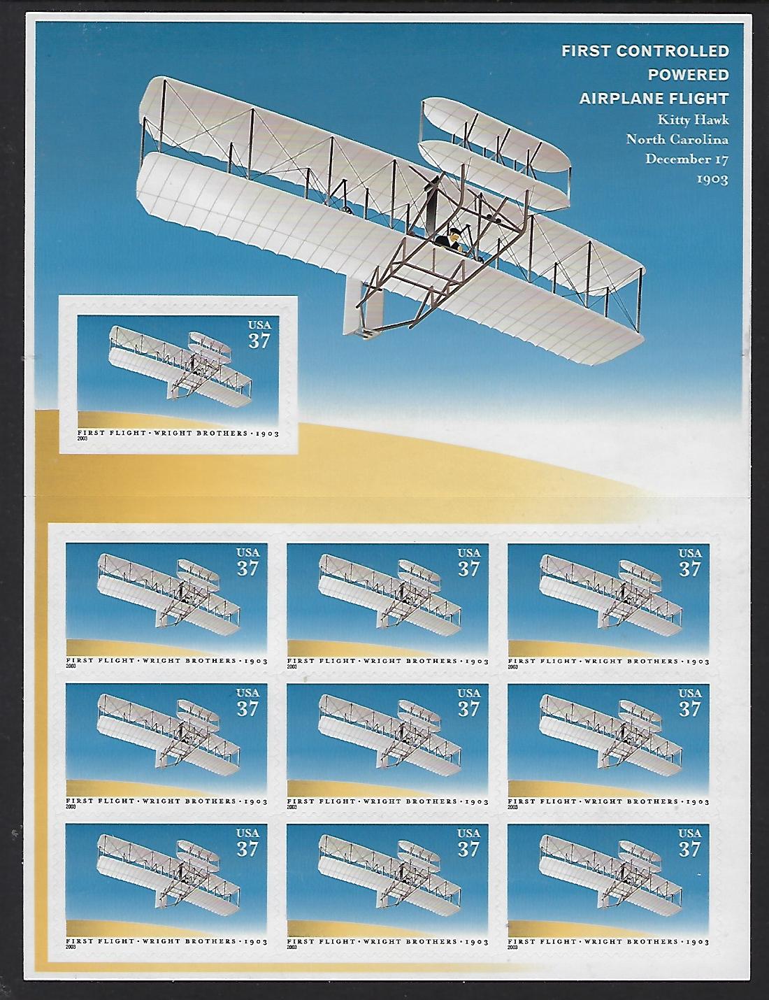 Catalog #3783 Sheet of 10 Stamps First Flight of Wright Brothers Kitty ...