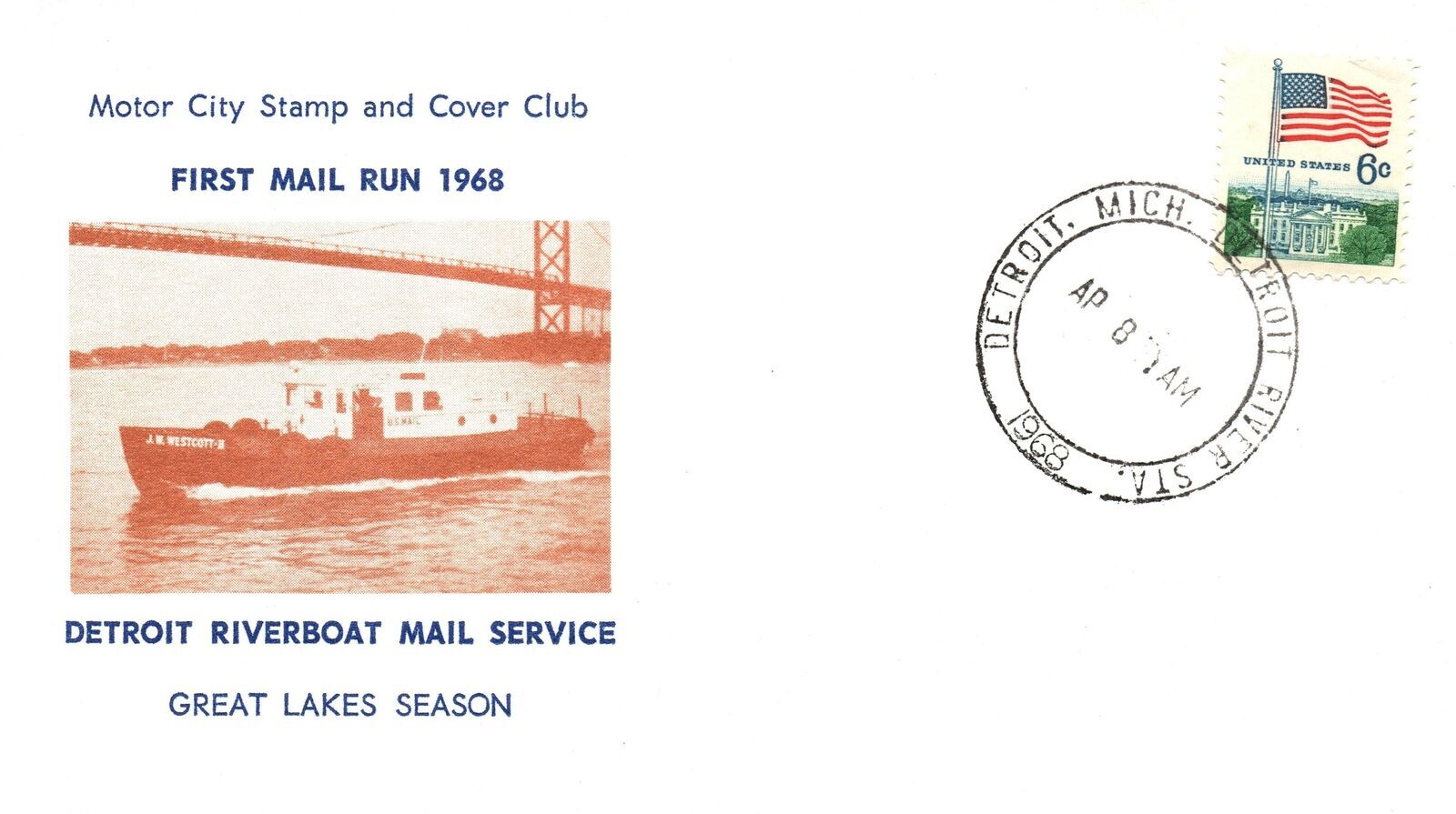 First Mail RUN 1968 Detroit Riverboat Mail Service Great Lakes Season ...