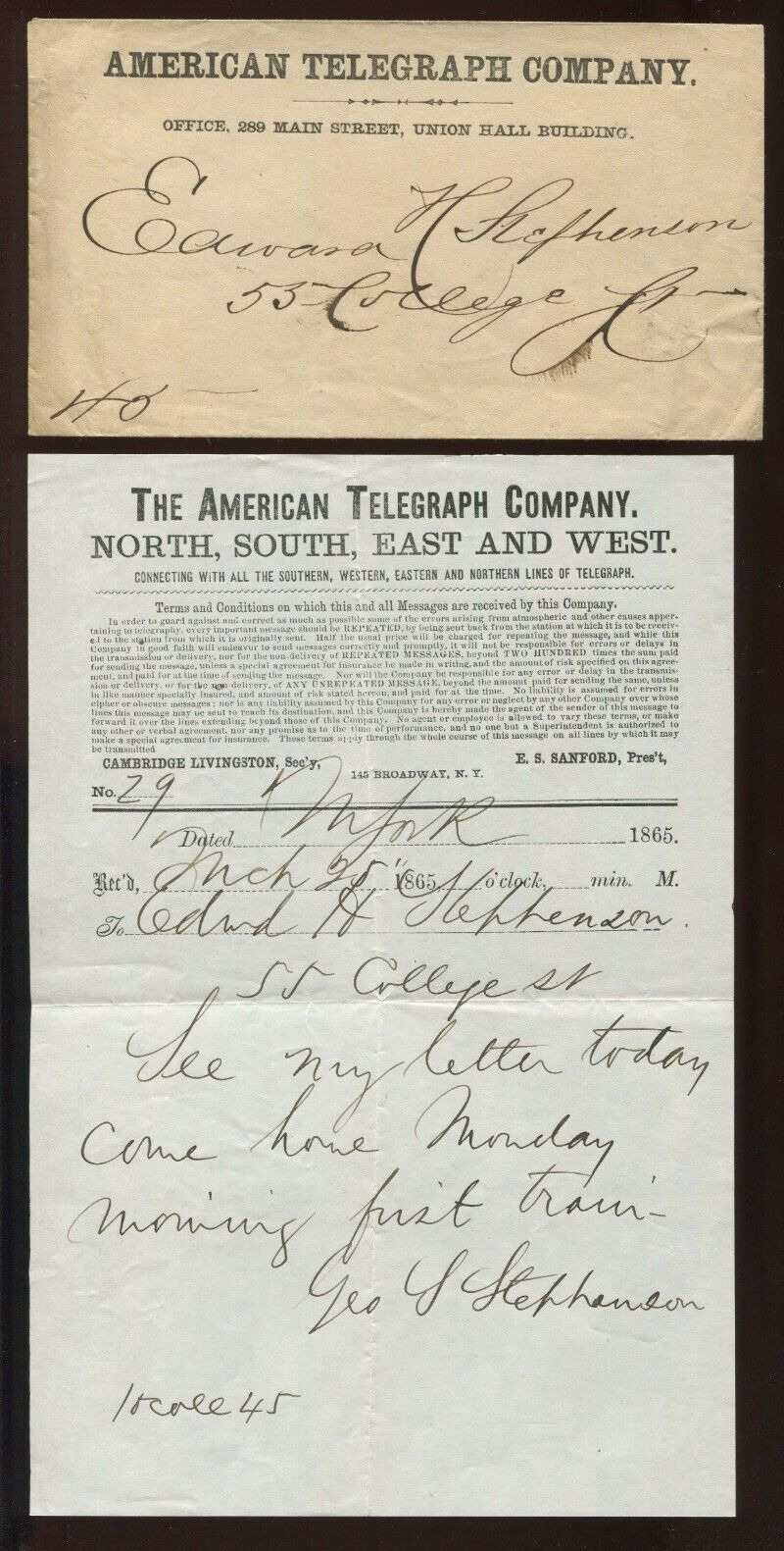 American Telegraph Co. 1865 Cover & Matching Telegram LV6800 | United ...