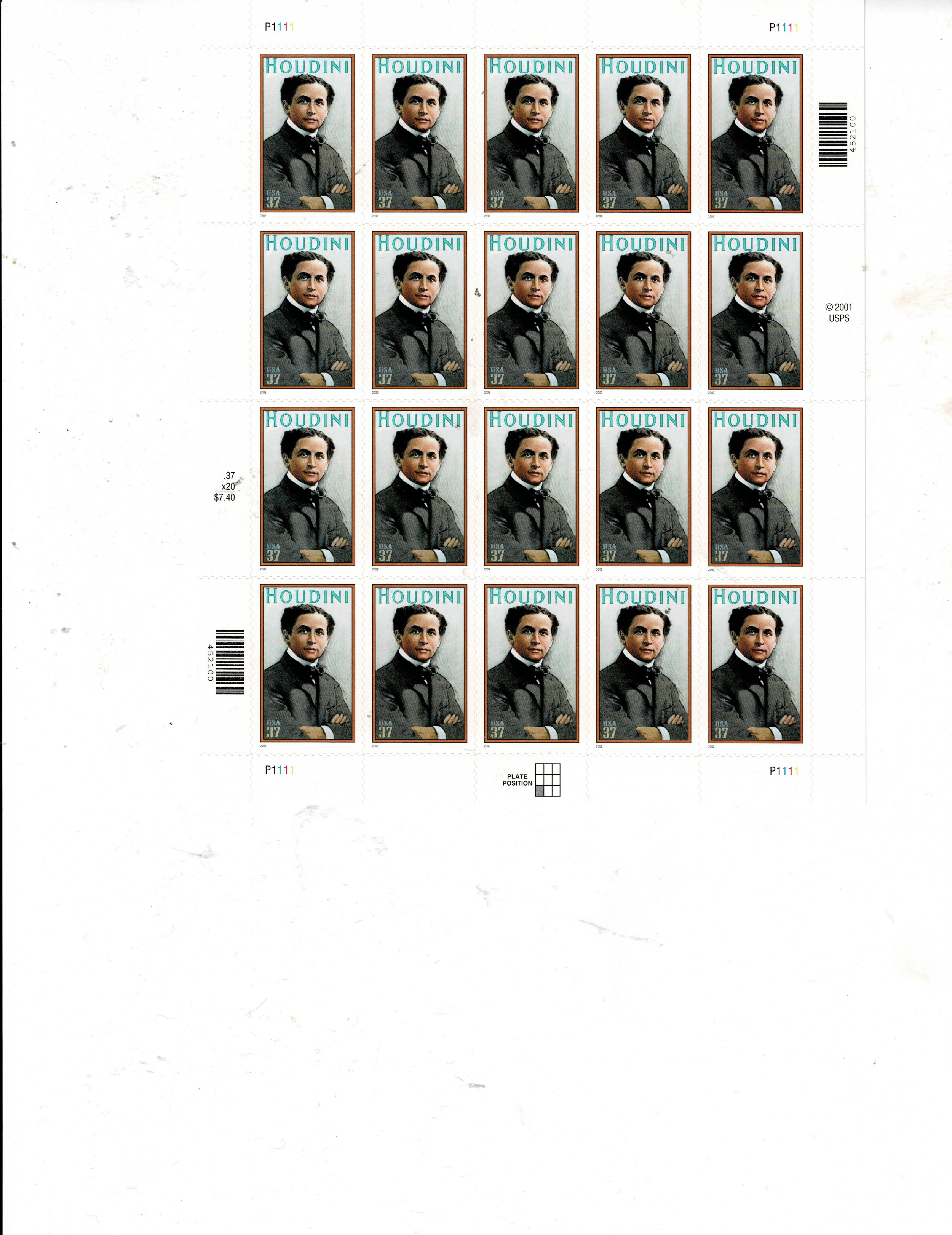 Harry Houdini Magician 37c US Postage Sheet #3651 VF MNH | United ...