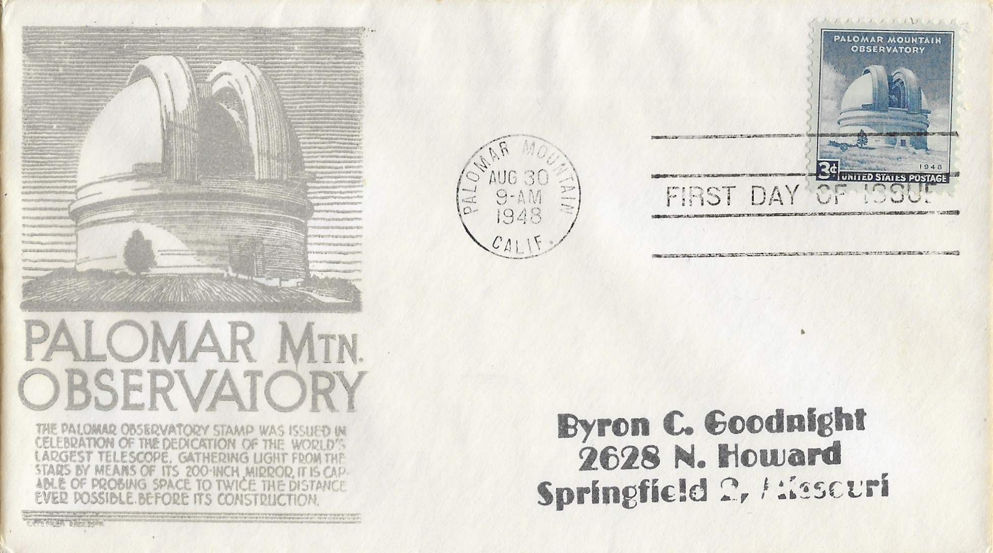 1948 FDC, #966, 3c Palomar Mountain Observatory, Anderson | United ...