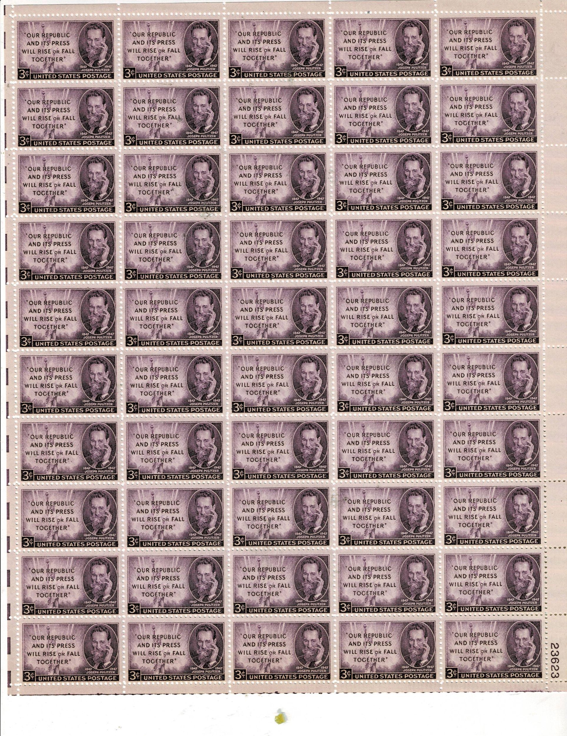 Joseph Pulitzer 3c US Postage Sheet #946 VF MNH | United States ...
