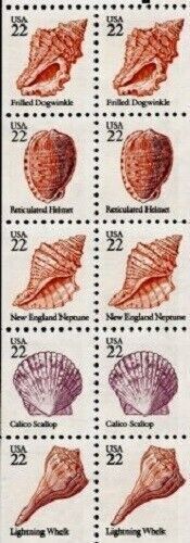 1985 22c Seashells, Neptune, Scallop, Pane of 10 Scott 2117-2121 Mint F ...