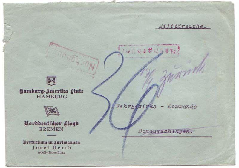 German WWII Hand-Signed Censor COD Wehrbezirk Donauschingen Lloyd HAL ...