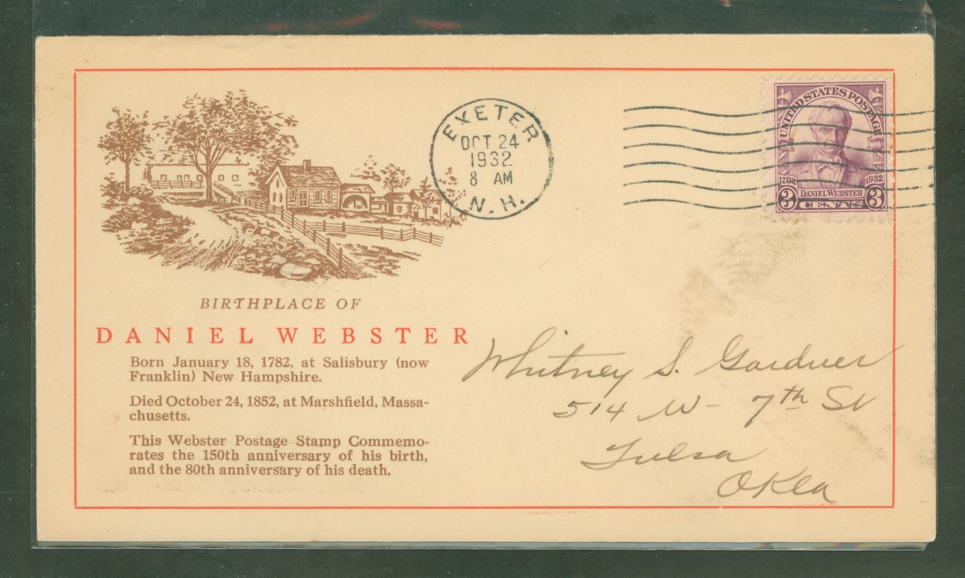 US 725 1932 3c Daniel Webster single on an addressed FDC with a ...