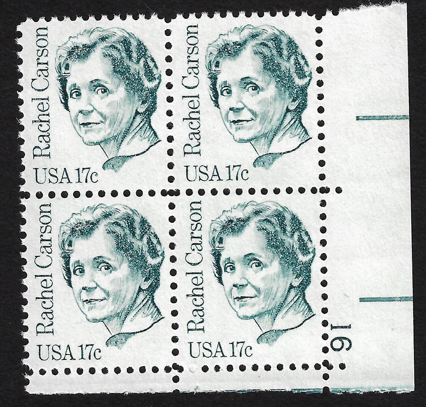 US 1857 Plate Block of 4 - Plate #16 (RARE!). 17c Rachel Carson ...