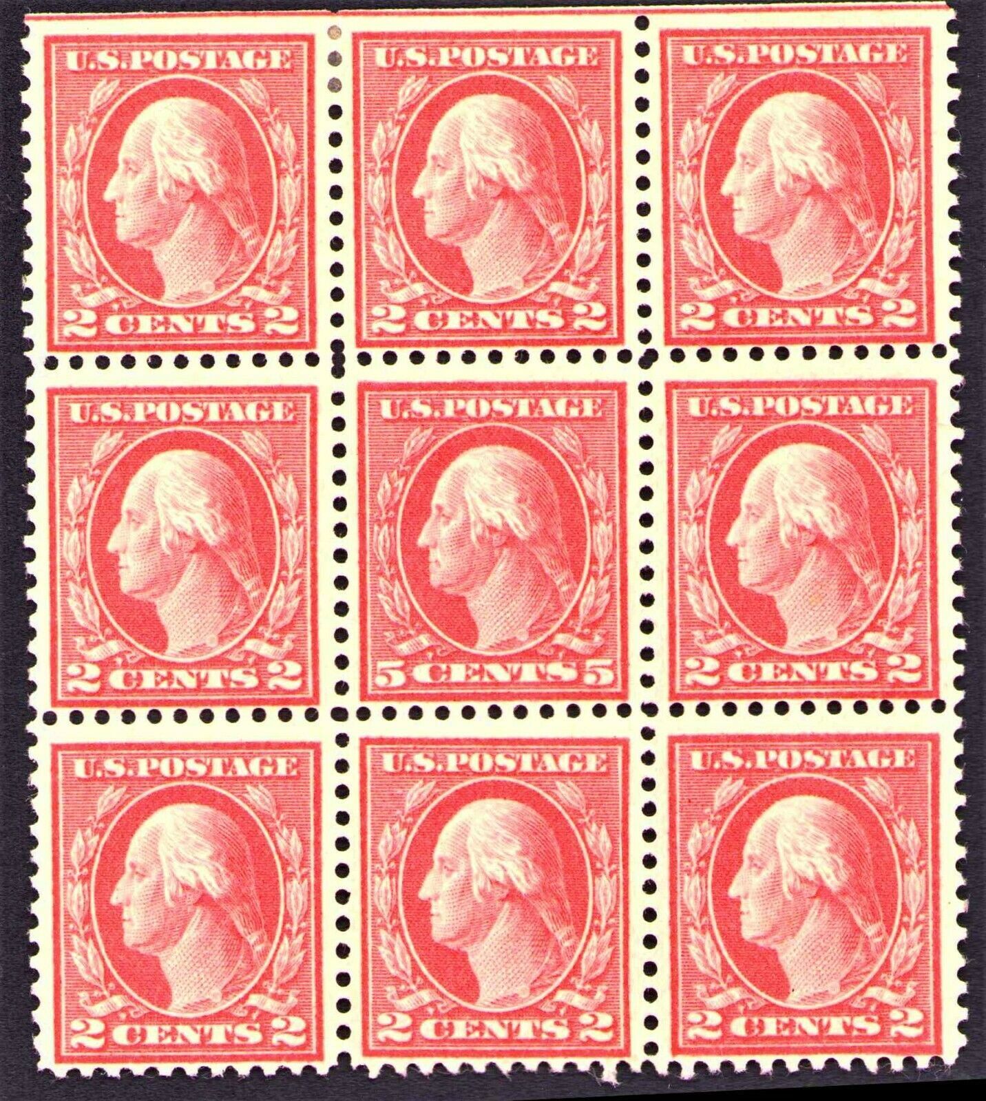 US Sc 505 P11 5¢ Rose Washington Error in Block of 9 of 2¢ Sc 499 ...