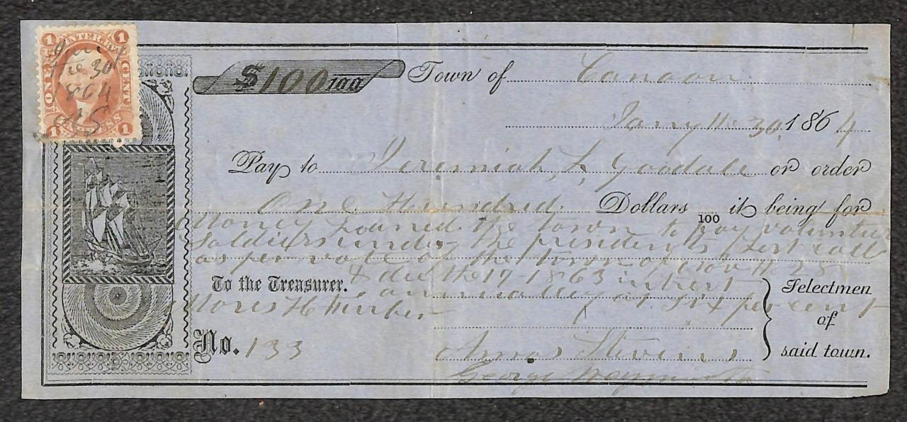 USA R1c Revenue Stamp Demand Draft Check Civil WAR Military Caanan ...