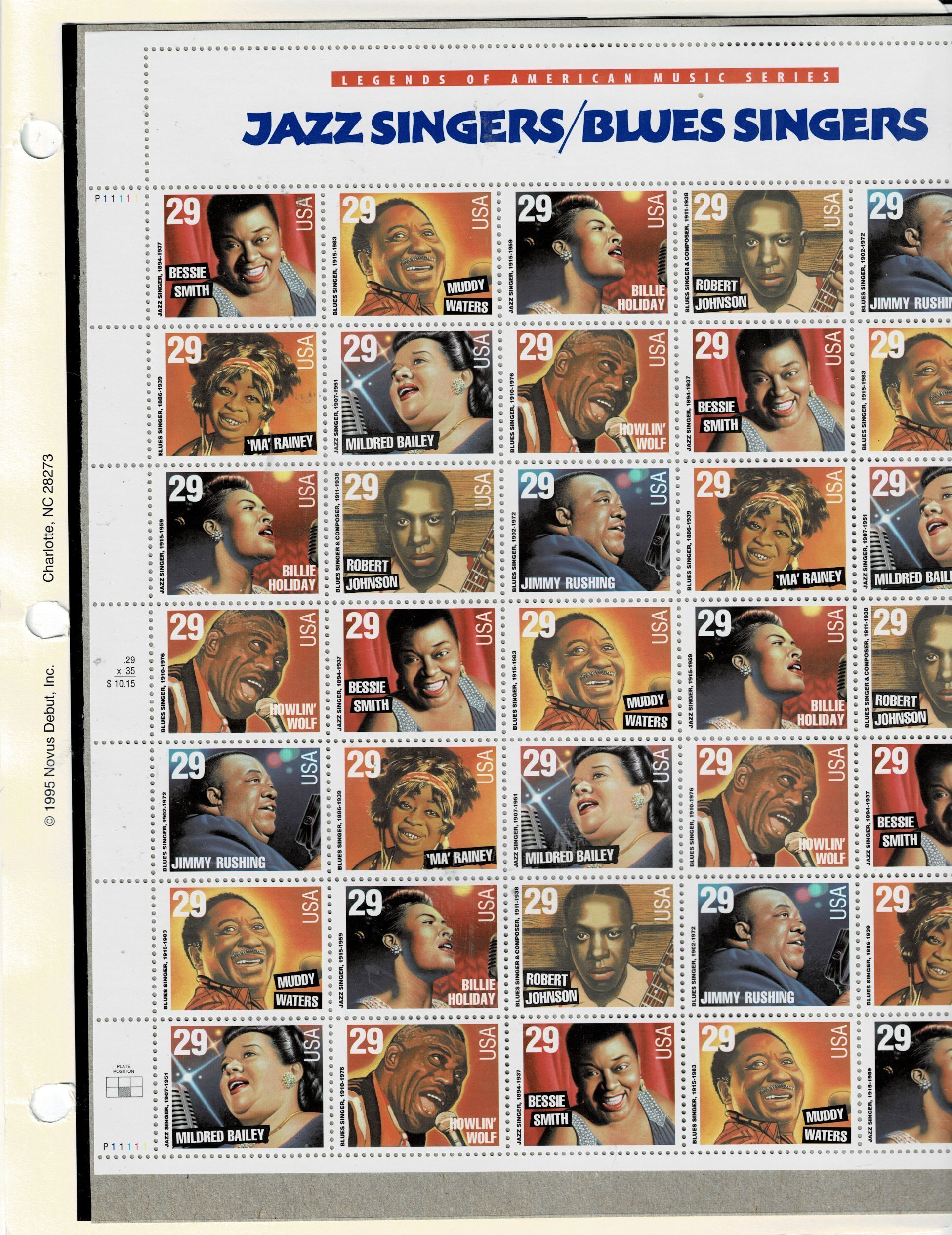 Jazz Singers/ Blues Singers 29c US Postage Sheet #2854-61 VF MNH ...