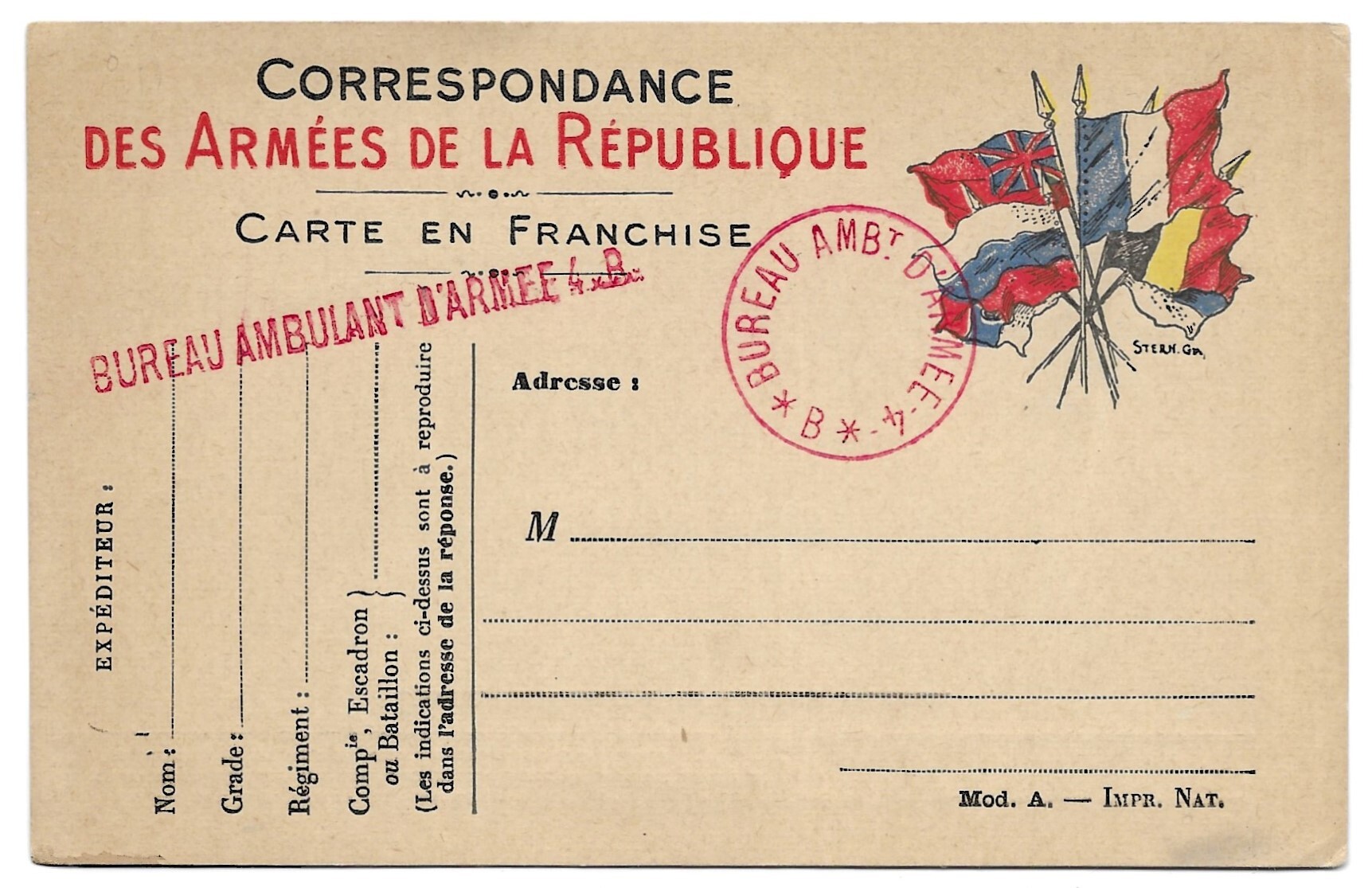 France World War 1 Flag Illustrated Army Postal, Ambulent Mobile PO ...