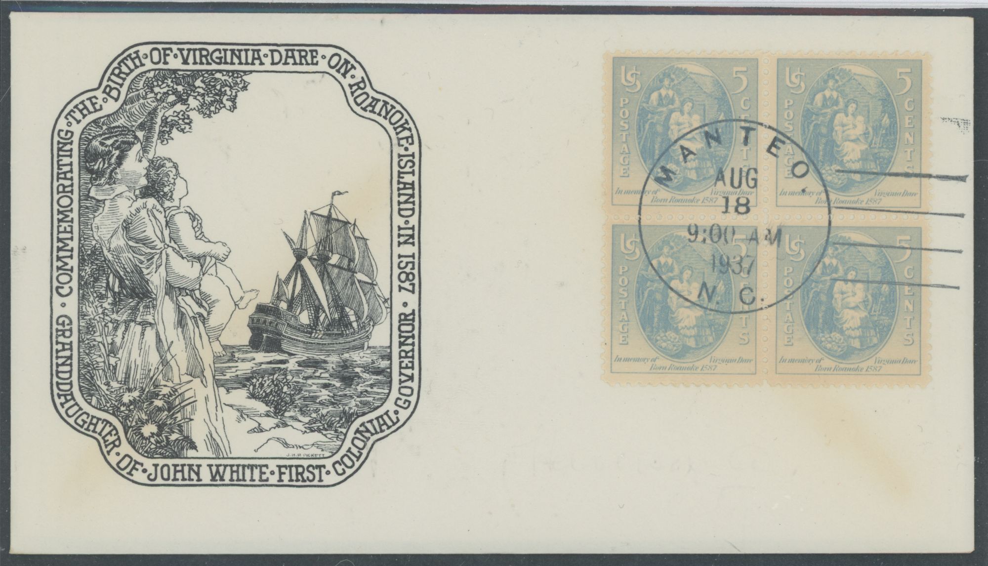US 796 1937 5c Virginia Dare, block of 4 on unaddressed FDC with a ...