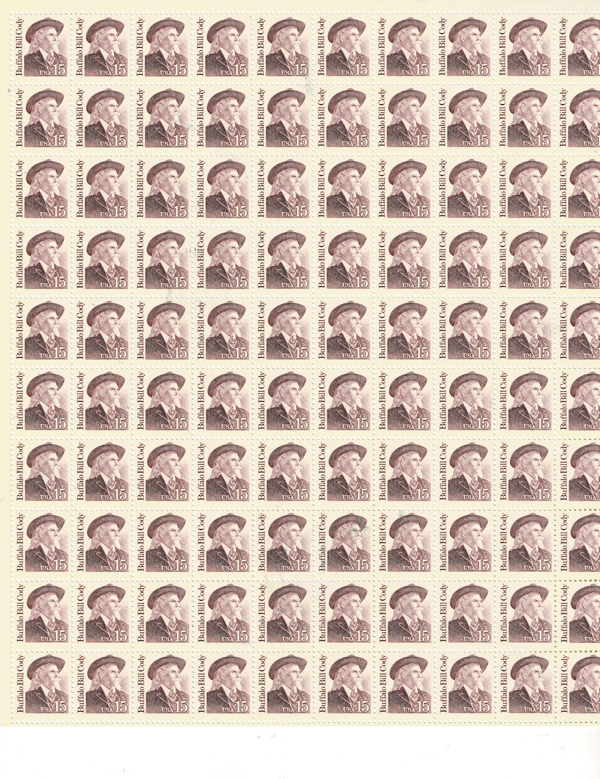 Buffalo Bill Cody 15c US Postage Sheet of 100 stamps #2177 VF MNH ...