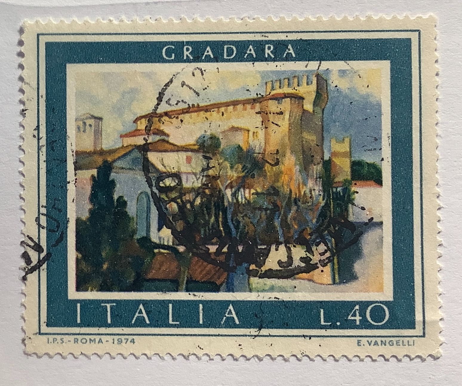 Italy 1974 Scott 1154 used - 40 L, Tourism, Painting, view of Gradara ...