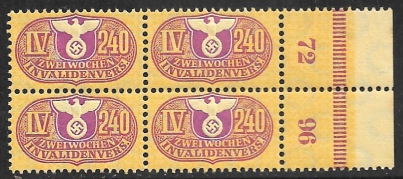 GERMANY NAZI ERA c1940 240 DISABILITY INSURANCE Revenue Block of 4 MNH ...