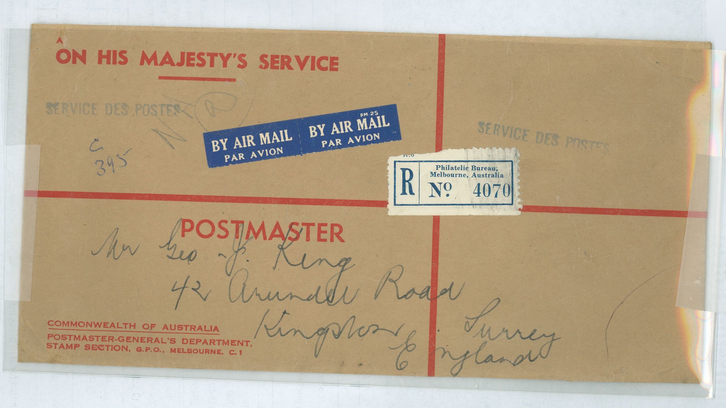 Australia 1950 Official registered Envelope Melbourne to England ...