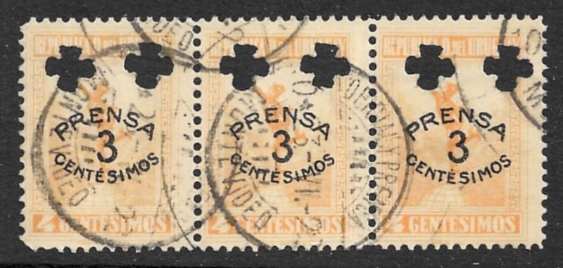 URUGUAY 1922 3c on 4c NEWSPAPER Stamp Strip of 3 Sc P1 VFU Cross Punch ...