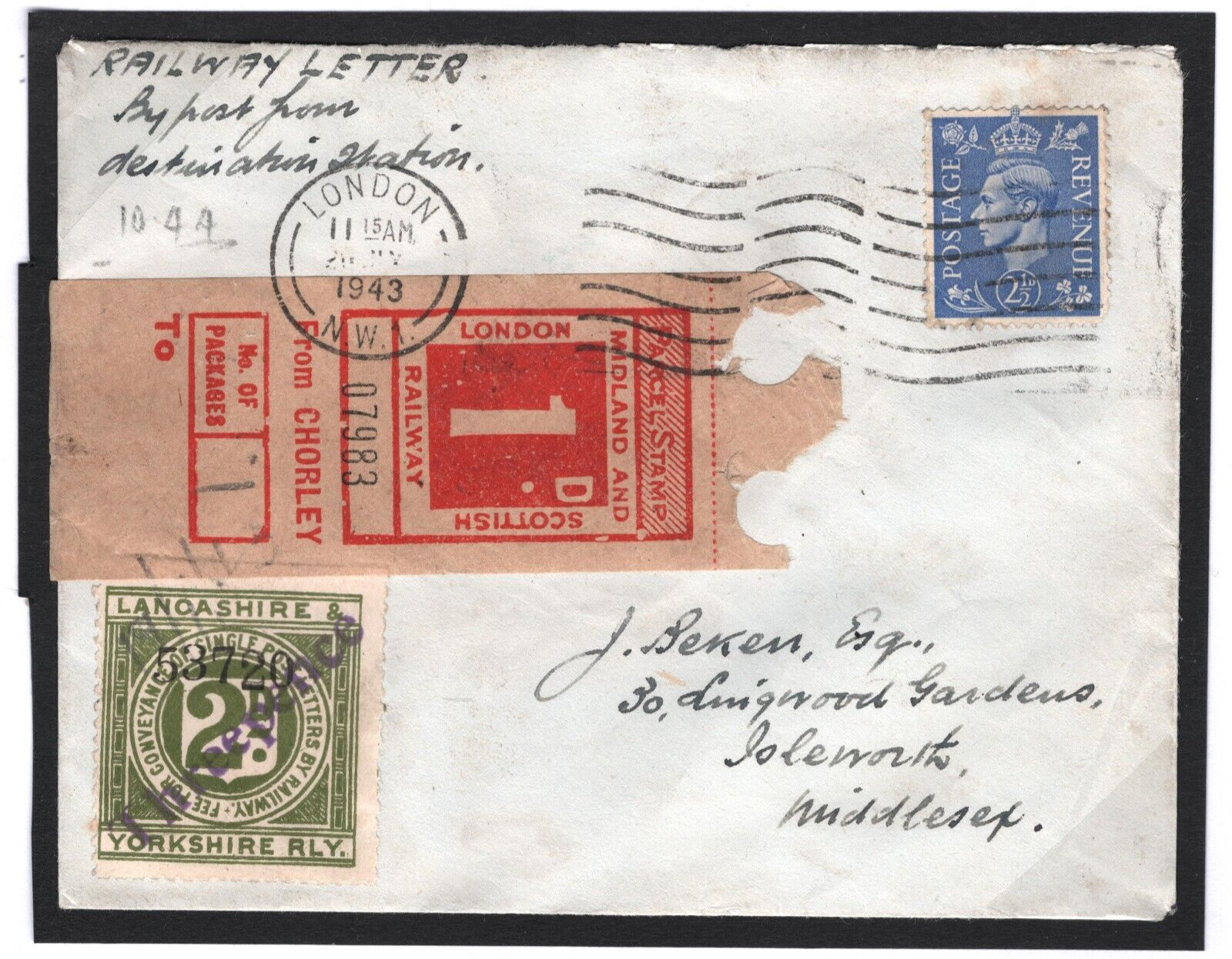 GB KGVI WW2 1943 Cover LMS RAILWAY Late Use 3d LANCS & YORKS Letter ...