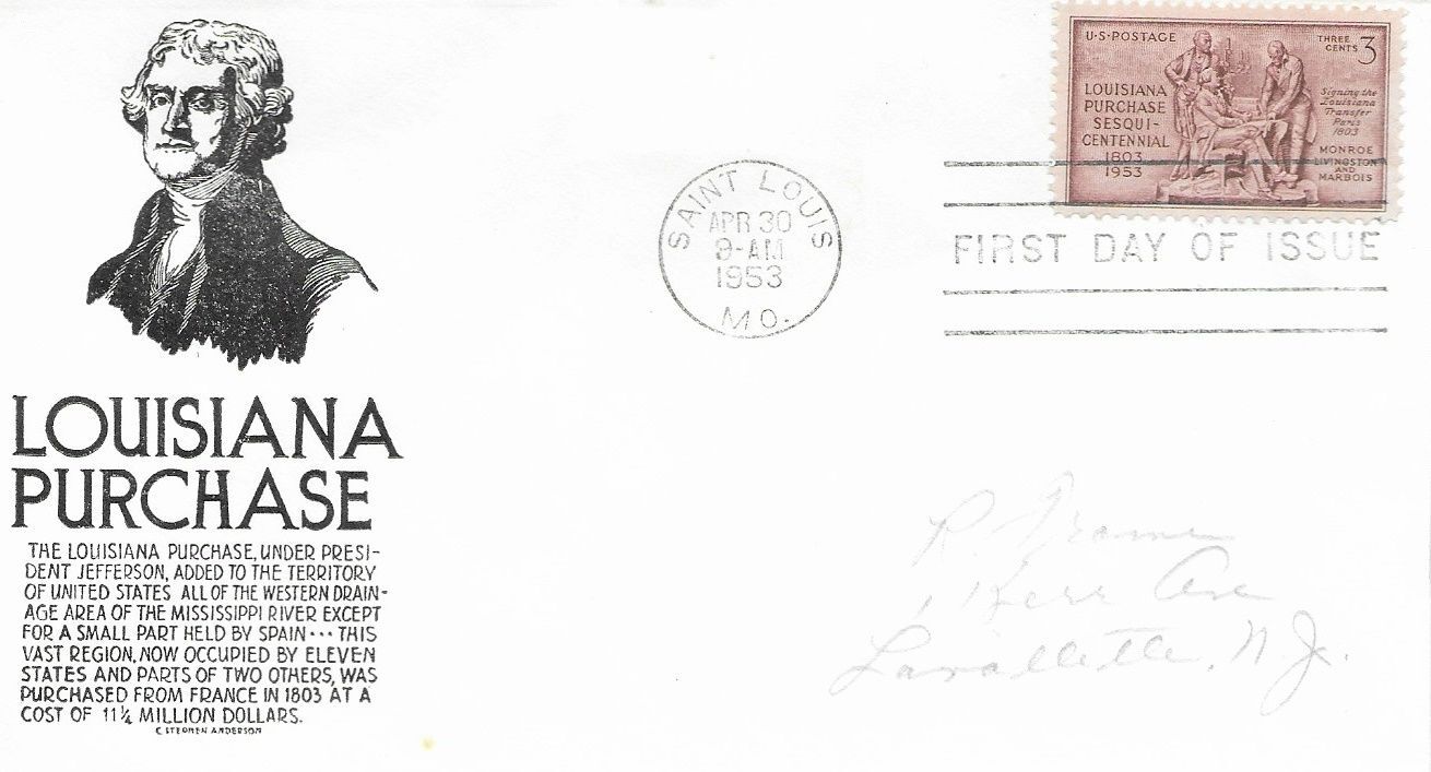 1953 FDC, #1020, 3c Louisiana Purchase, Anderson | United States ...