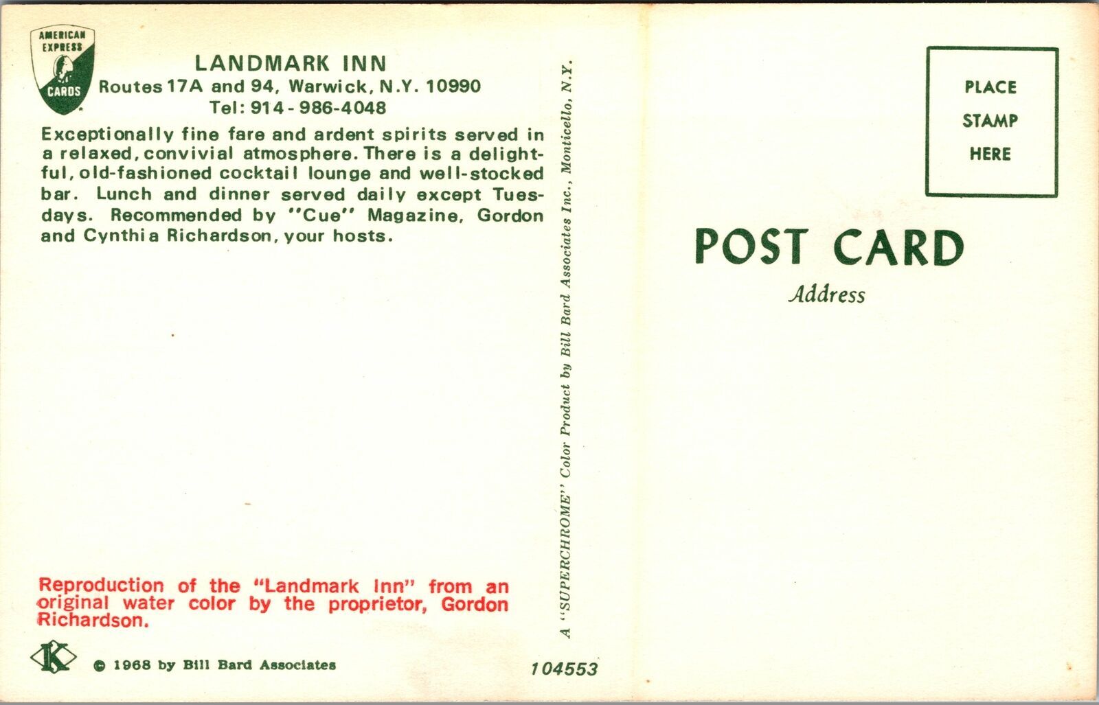 Vintage Postcard the Landmark INN Located at Warwick N.Y. 1968 ...