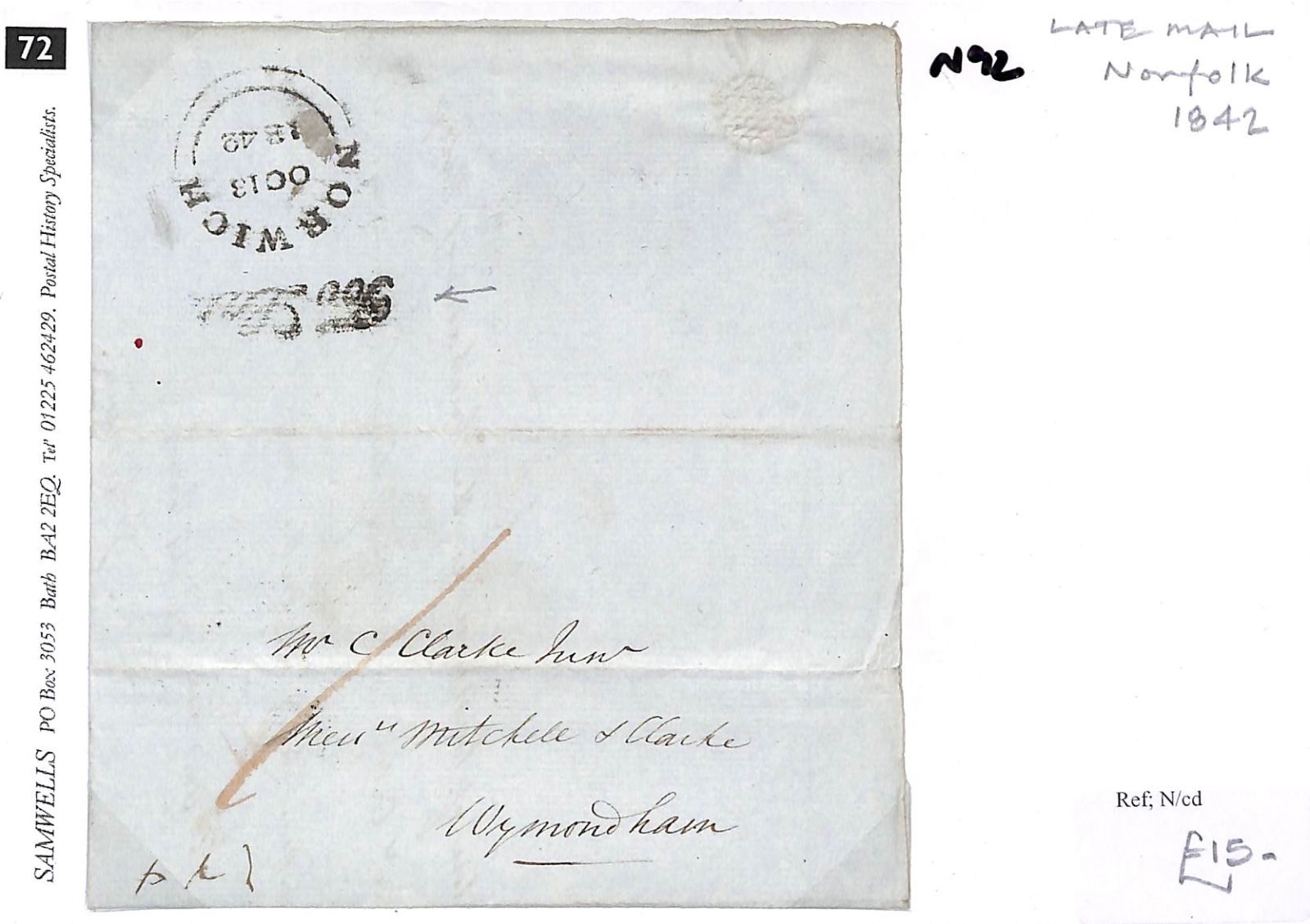 GB LATE MAIL Cover Norfolk NORWICH Fancy Italic *Too Late* Postmark ...