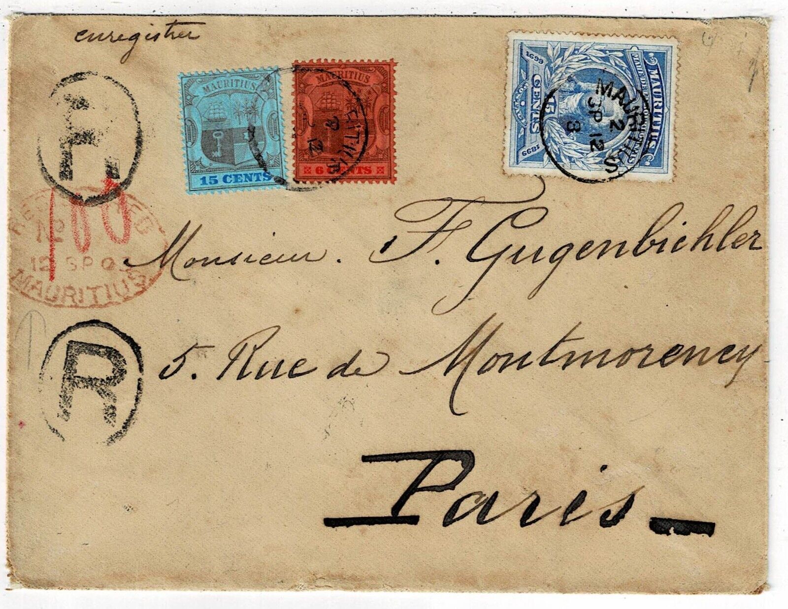 Mauritius 1903 GPO cancel on registered cover to France, SG 136 ...