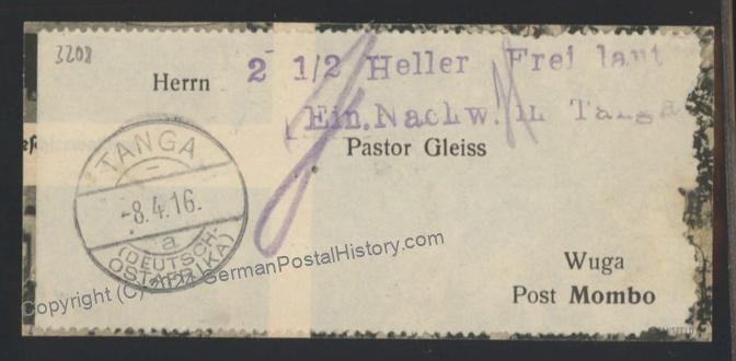 Germany 1916 DOA TANGA East Africa WWI Prepaid Wrapper Piece to WUGA ...