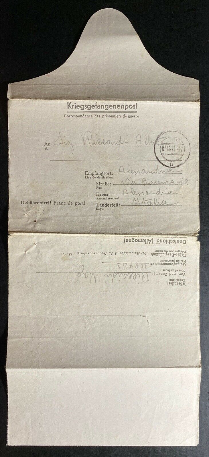 1943 Germany Stalag 2A POW Prisoner of War Letter Cover To Alessandria ...