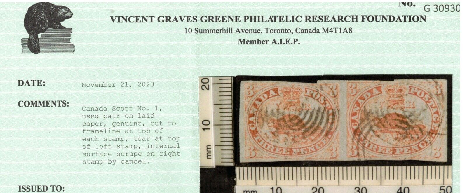 Canada #1 Used Scarce Pair - Left Stamp Upper Margin Tear **With ...