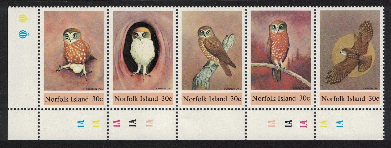 Norfolk Birds Boobook Owl Corner strip of 5 1984 MNH SC#343 SG#338-342 ...