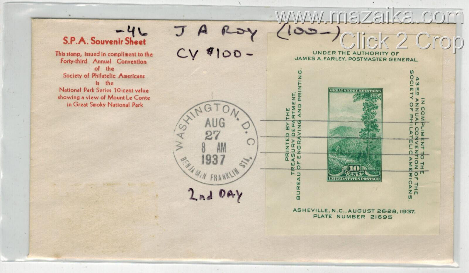 1937 Society Philatelic Americans Souvenr Sheet FDC 797-46 Scarce JA ...