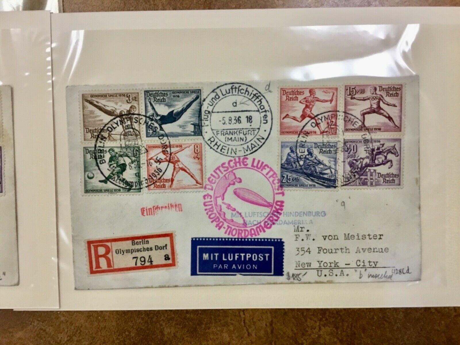 1936 Germany B82-89 set 1 Hindenburg Zeppelin cover Berlin Olympics Aug ...