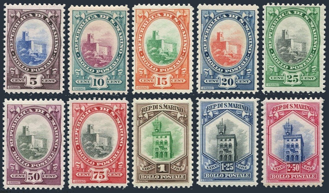 San Marino 115/127 (10),hinged. Mi 145/157. The Rocca, State Prison ...