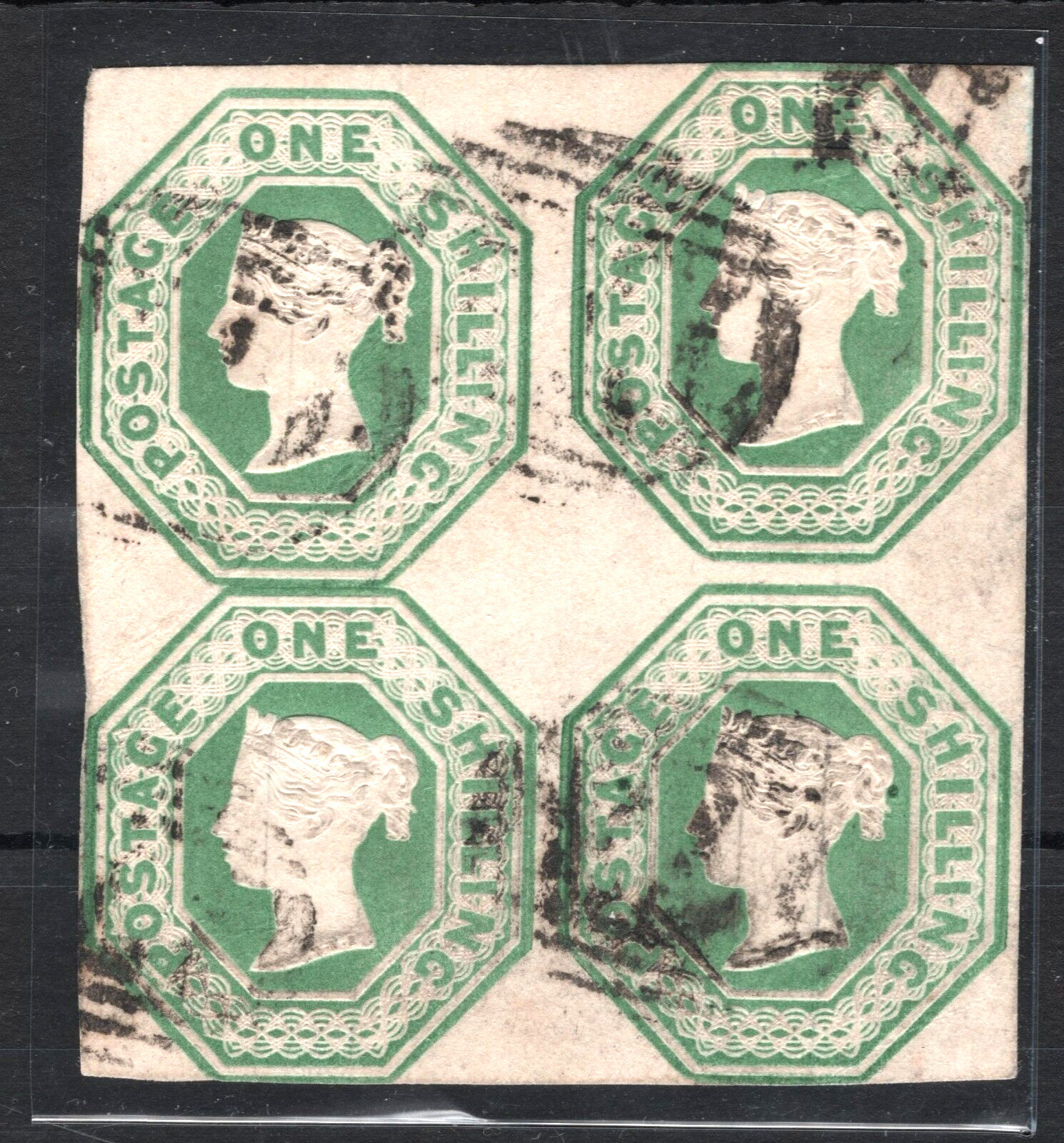 GB QV EMBOSSED SG.55 1s Green (1847) BLOCK OF FOUR Used Numerals Cat £ ...