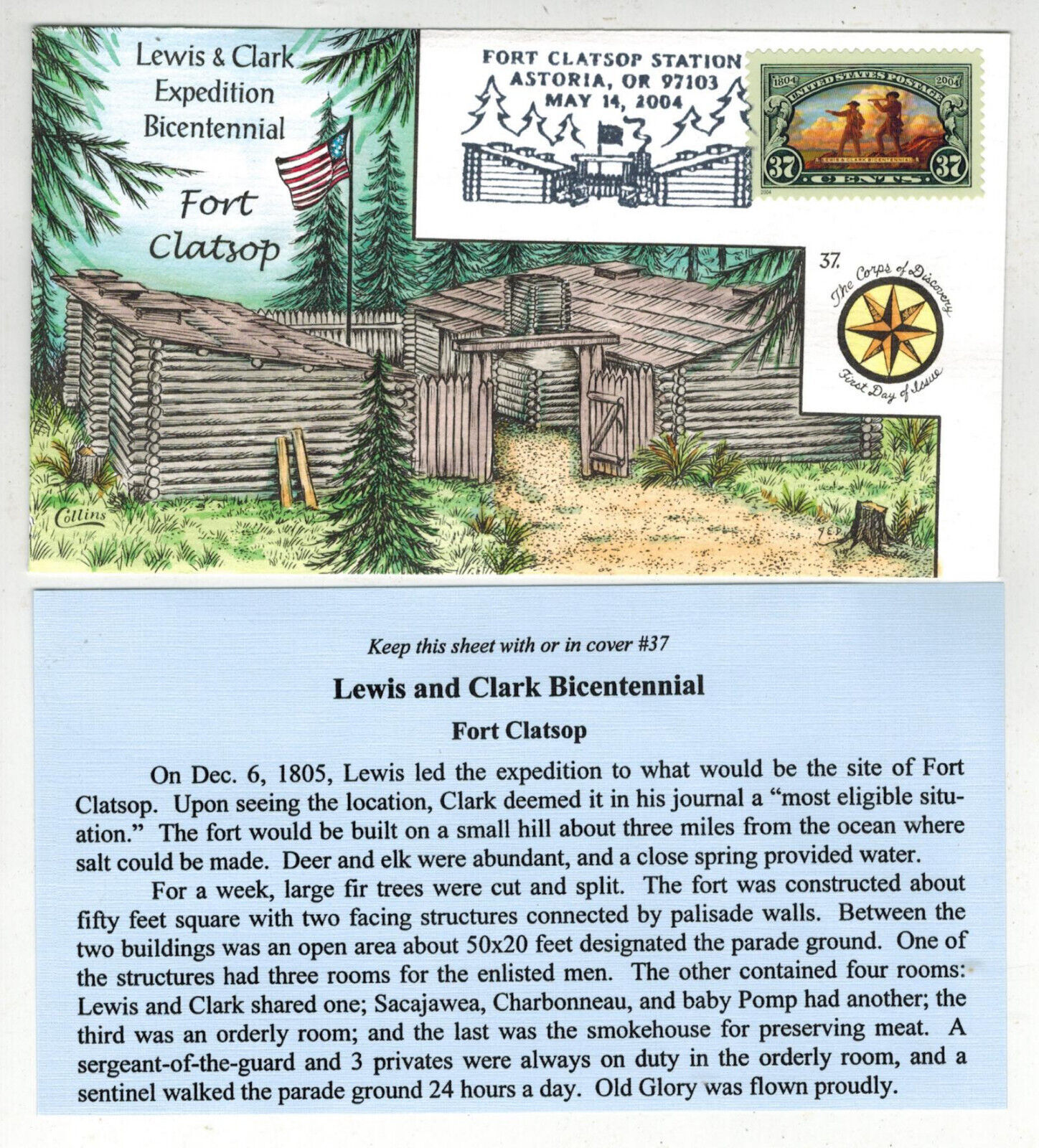 2004 Collins Handpainted FDC Lewis & Clark + Text Sheet Fort Clatsop ...