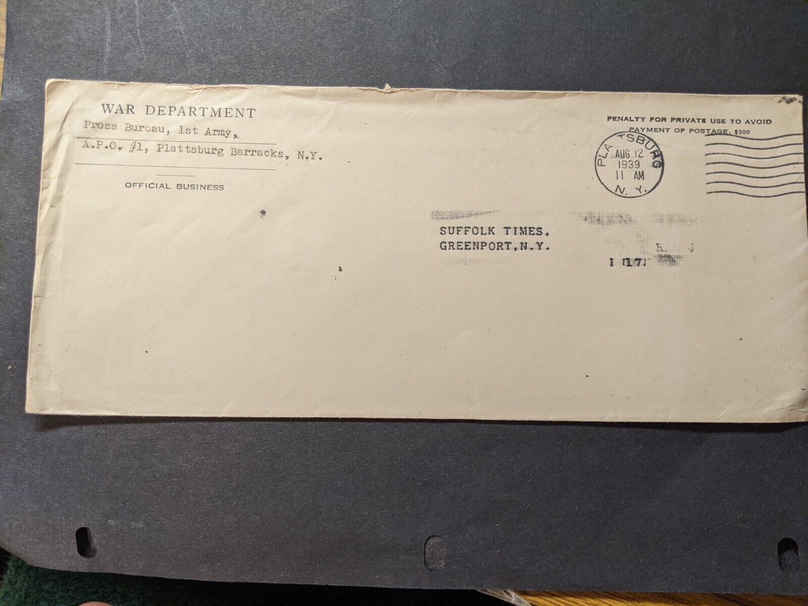 APO 1 PLATTSBURG BARRACKS, NY 1939 Official 1st Army Cover Press Bureau ...