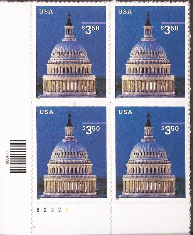 US Stamp - 2001 $3.50 US Capitol Dome - 4 Stamp Priority Mail Plate ...