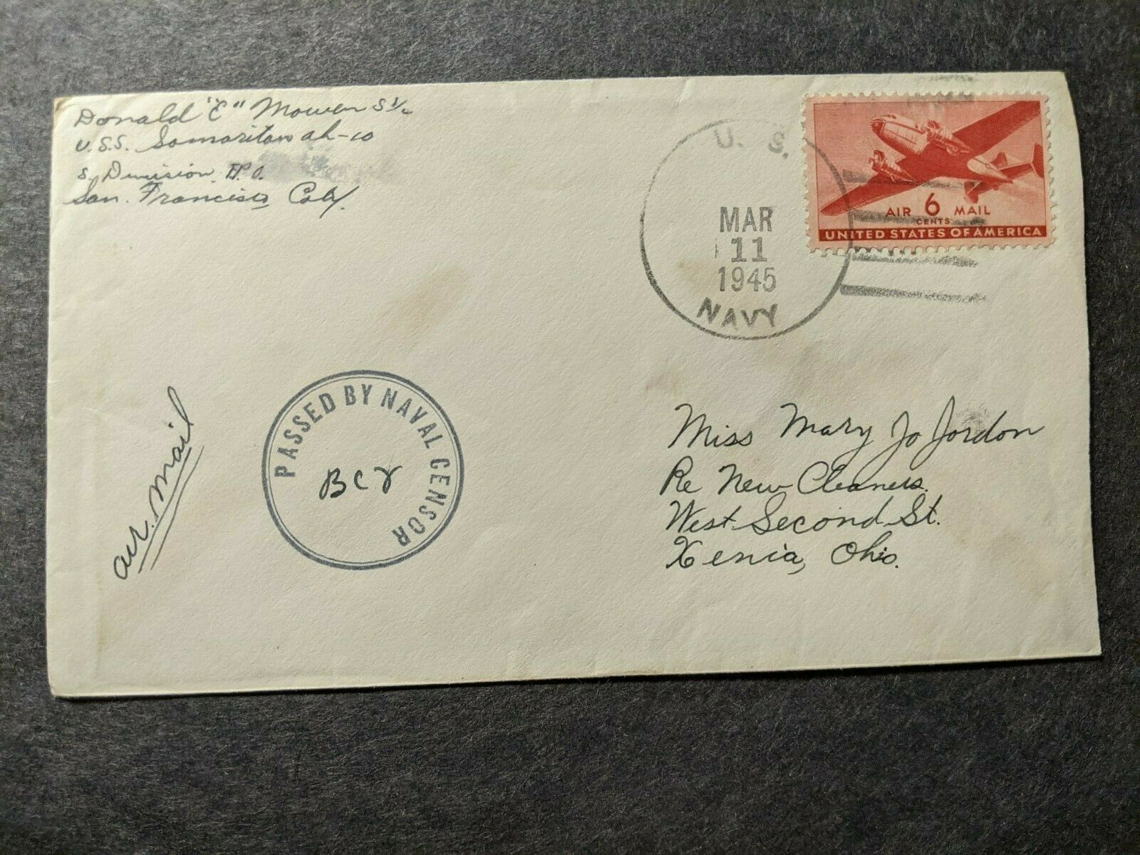 USS SAMARITAN AH-10 Naval Cover 1945 Censored WWII Sailor's Mail ...