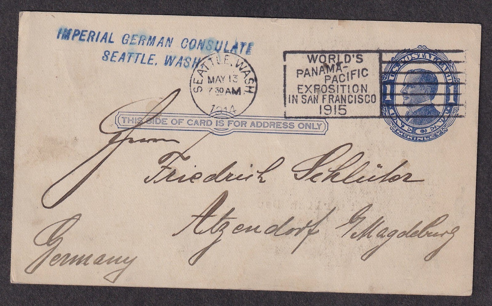 USA 1914 Imperial German Consulate 1c PS Card Seattle Washington to ...