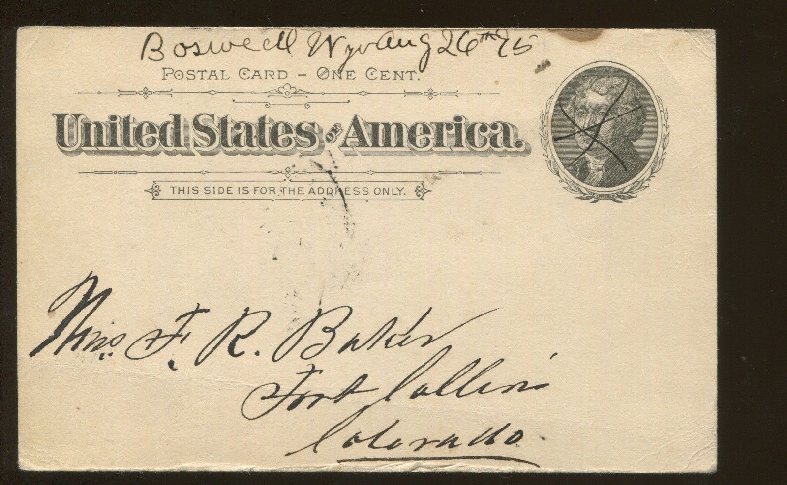 RARE 1895 Boswell Wyoming Territory to Fort Collins Postal Card UX12 ...