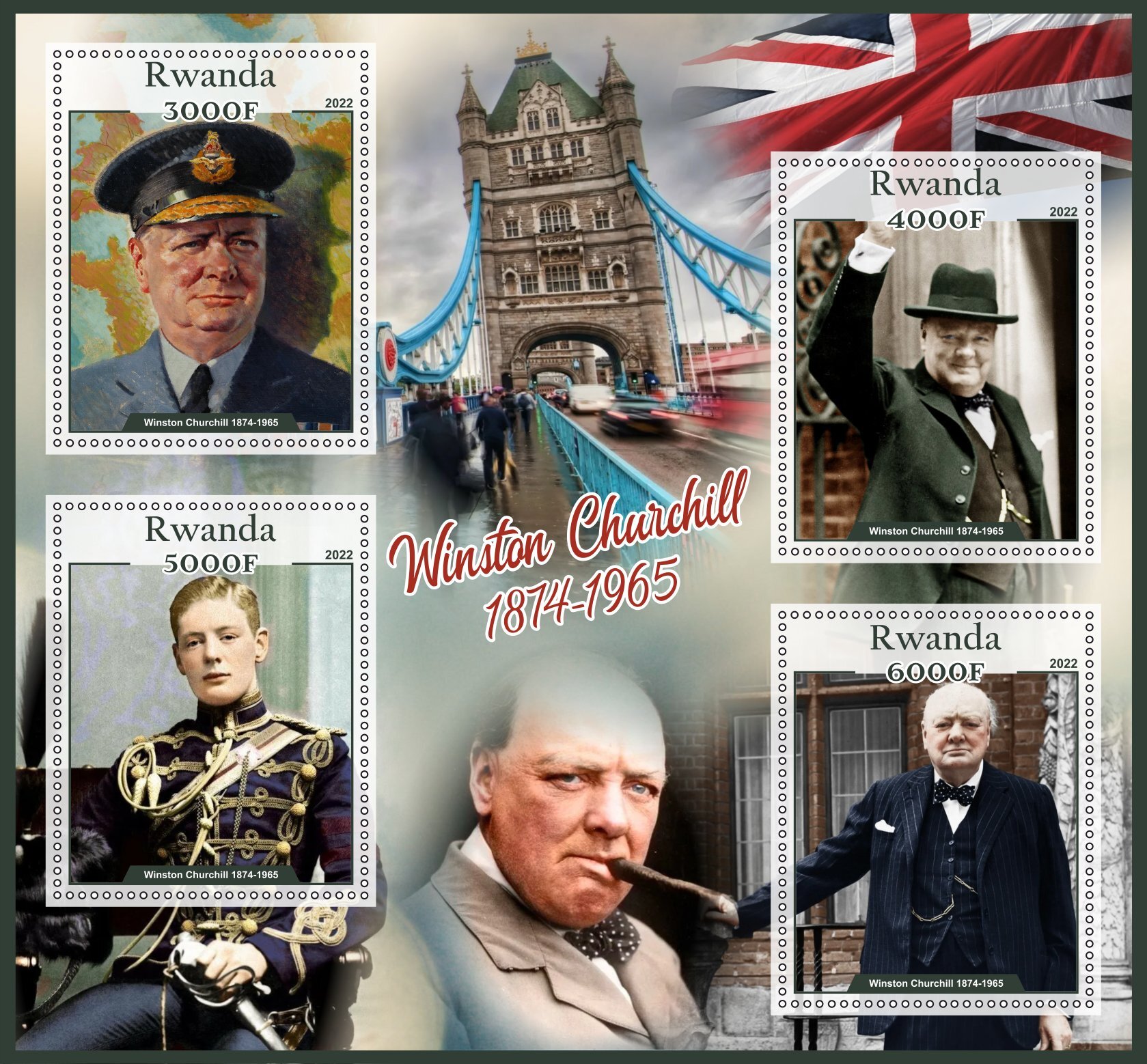 Stamps. Famous People,Winston Churchill Rwanda 2022 year 1+1 sheets ...