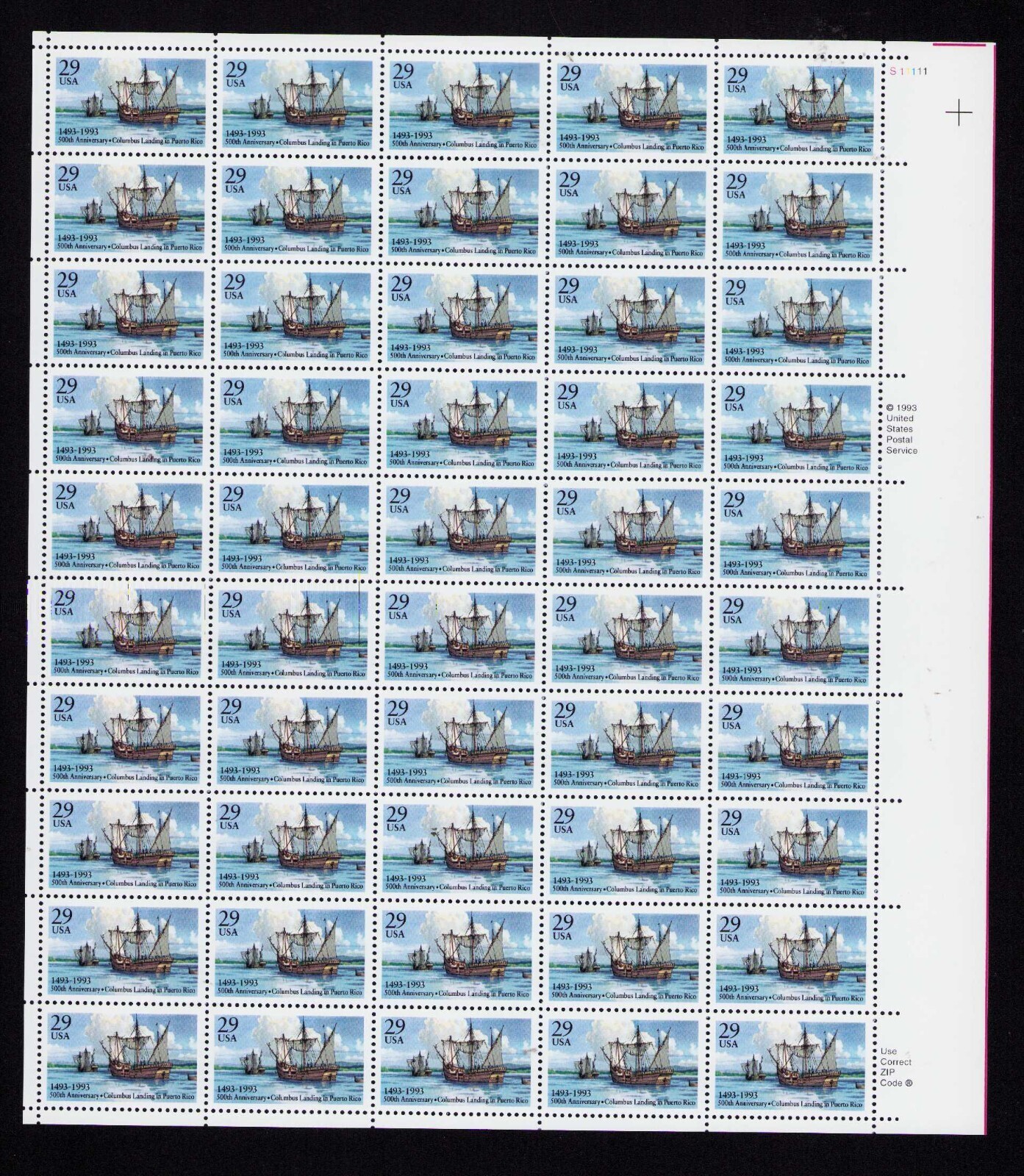 2805 29¢ Columbus Landing in Puerto Rico Sheet of 50 Stamps MNH 1993 ...