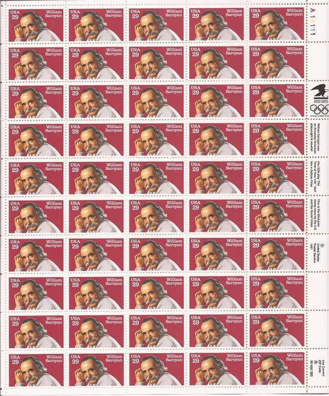 US Stamp - 1991 William Saroyan - 50 Stamp Sheet - Scott #2538 | United ...