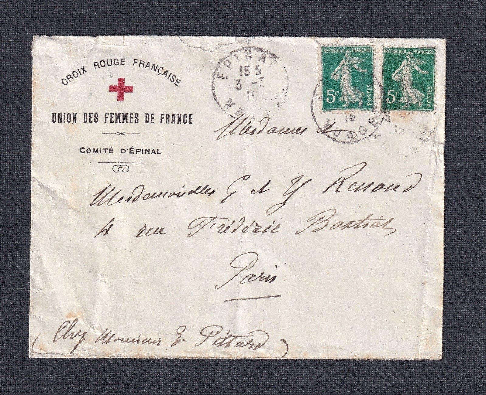 France 1915 WW1 ‘Union DES Femmes DE France’ RED Cross Cover Epinal to ...