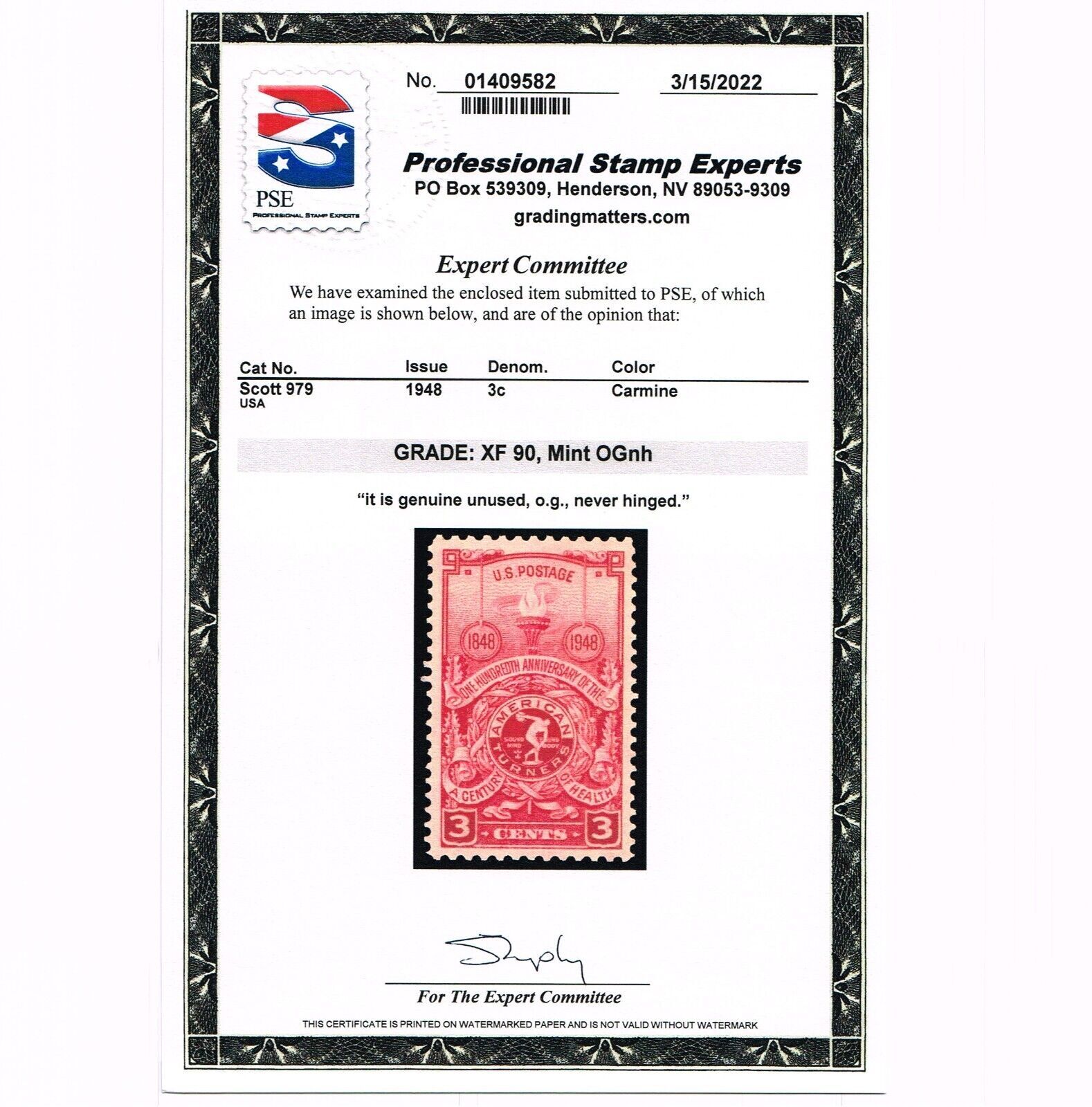 Exceptional Genuine Scott #979 Mint Pristine OG NH PSE Cert Graded Xf ...