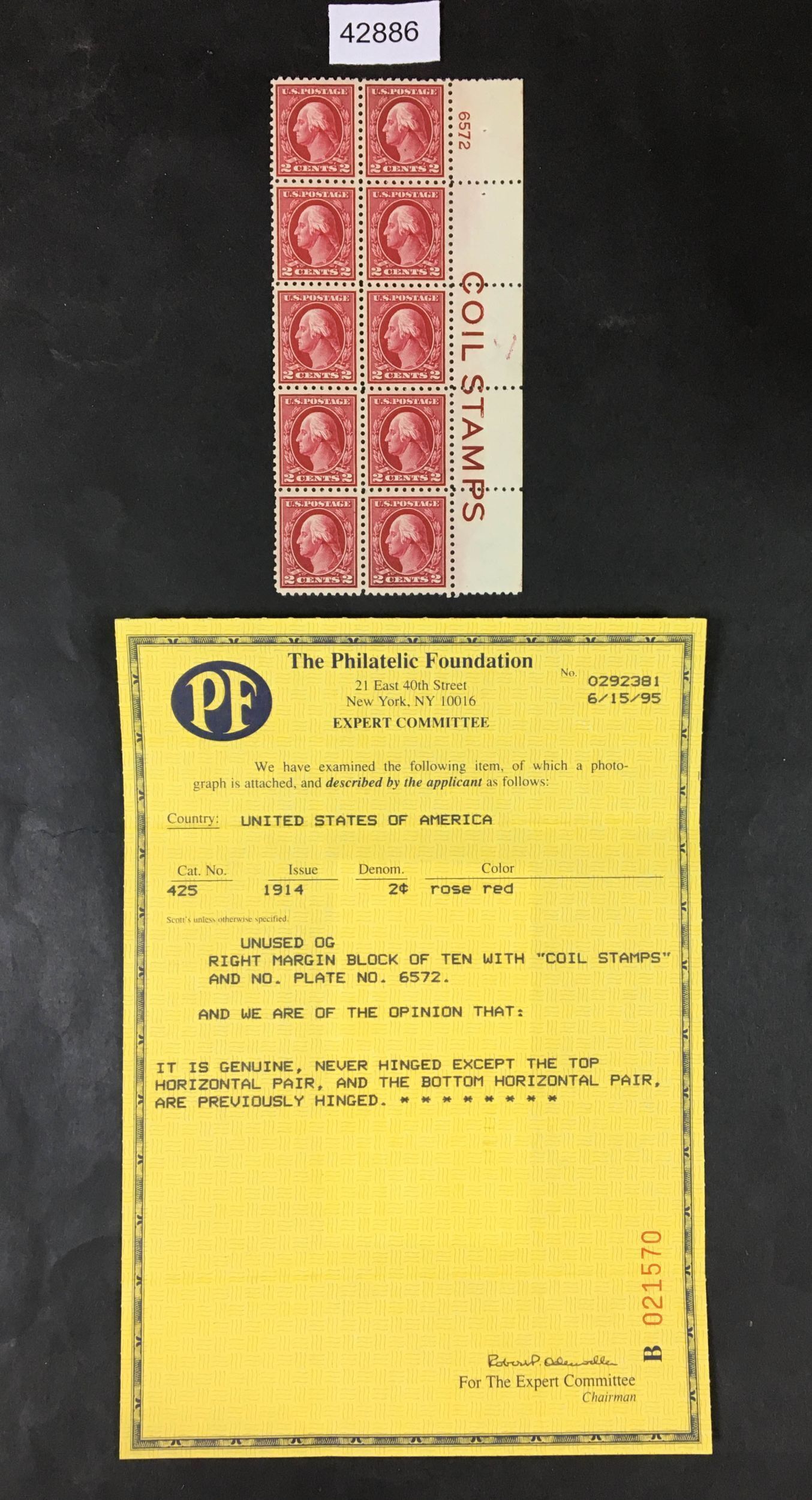 US Stamps # 425 Coil Block of 10 Mint OG 9nh VF **Pf Cert** $175 LOT ...