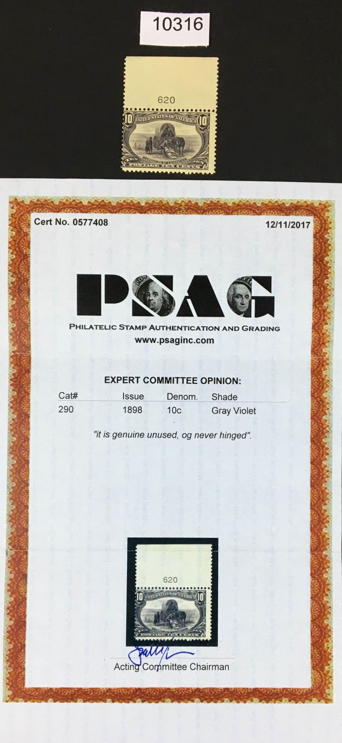 US Stamps # 290 Plate Single Mint OG NH ***Psag Cert*** CV. $400 LOT ...