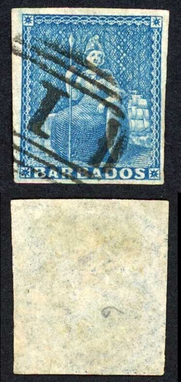 Barbados SG9 1d Pale Blue white paper 4 margins Cat 70 pounds ...