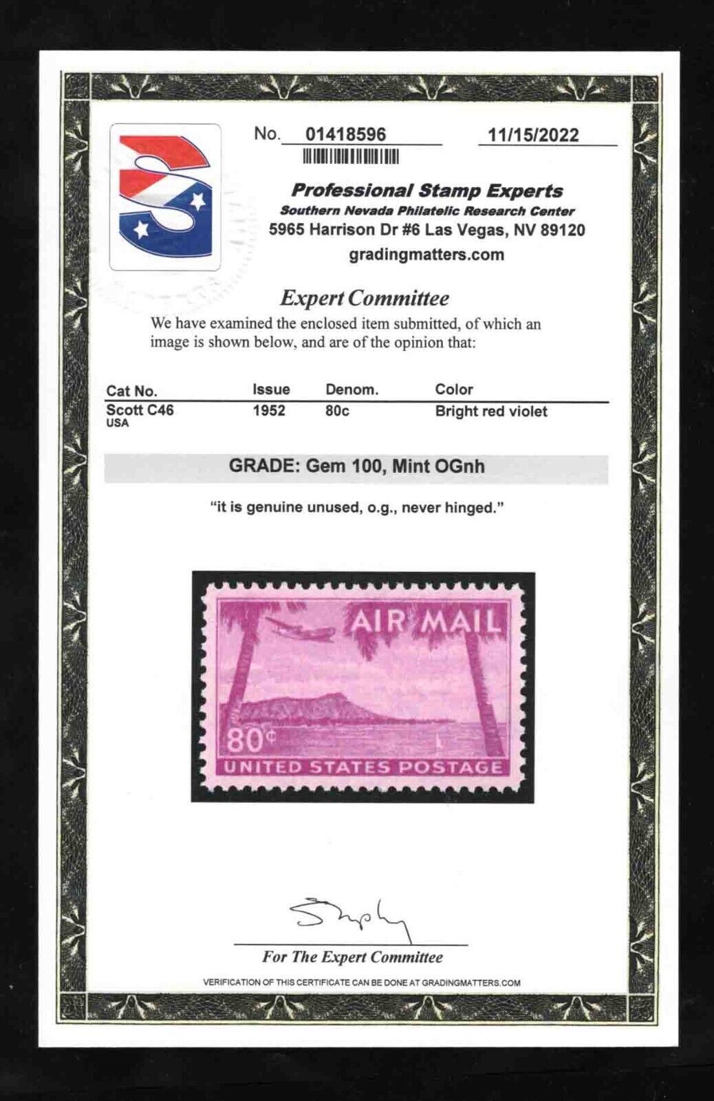 US Stamps #C46 Mint OG NH PSE Graded Cert Gem-100 LOT #79319 | United ...