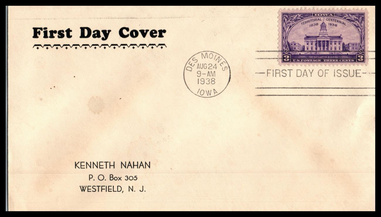 1938 IOWA centennial 100 years Sc 838 FDC unlisted GP cachet FDOI (B13 ...
