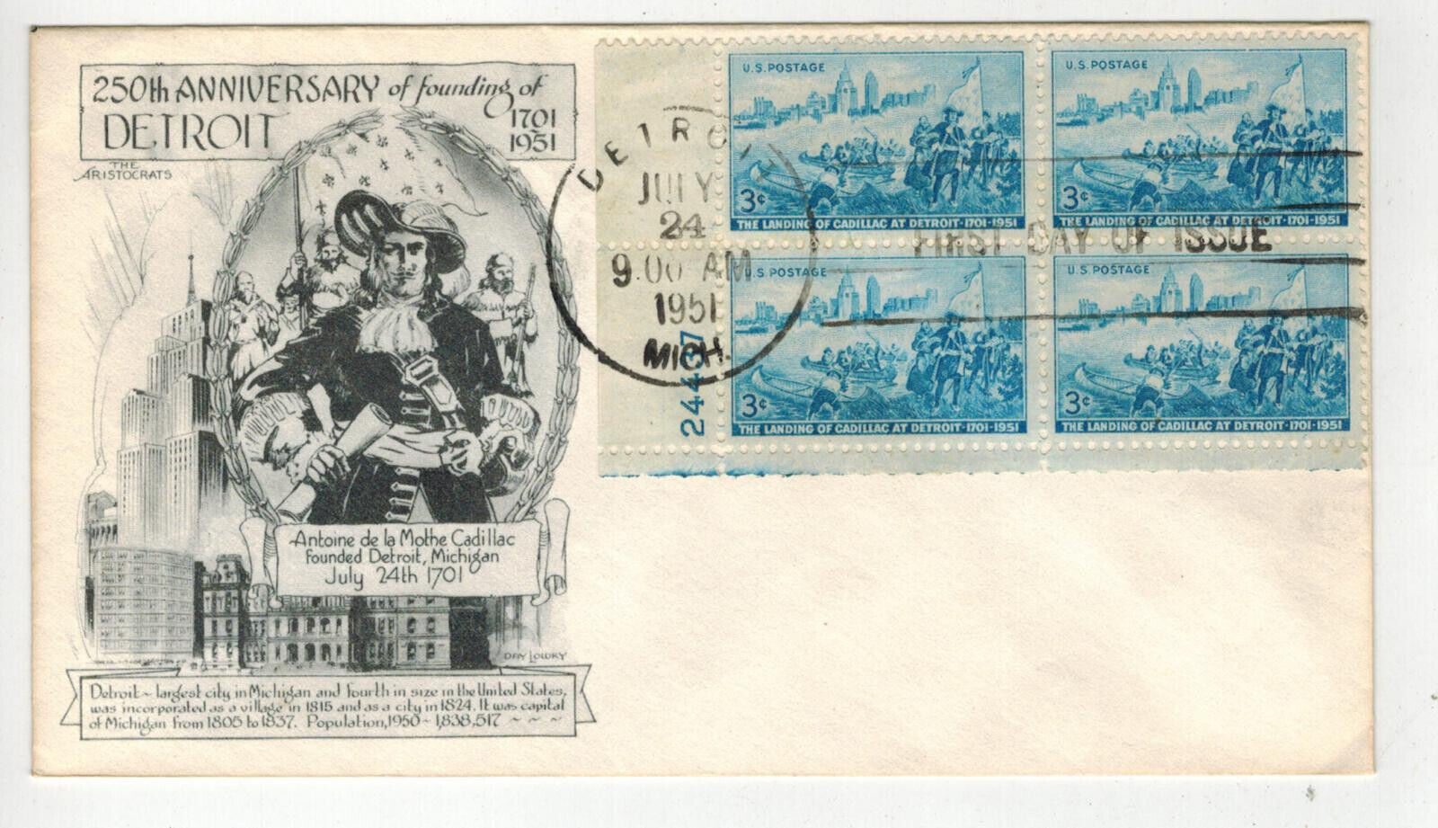 1951 Detroit Michigan Landing of Cadillac Plate # Block FDC 1000-3 Day ...